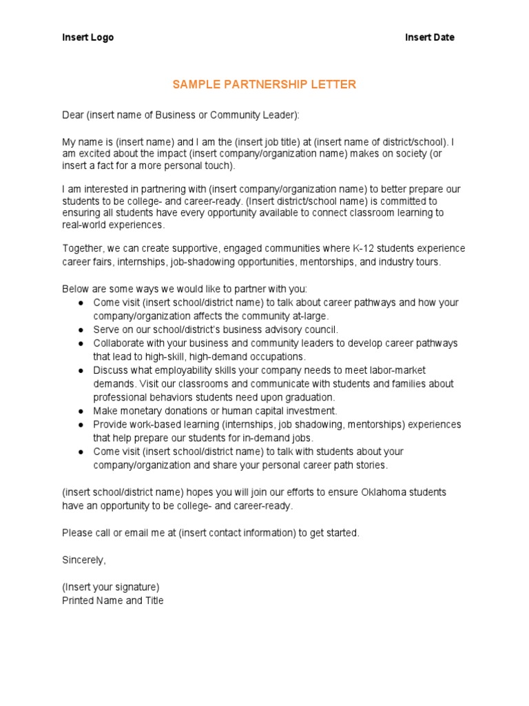 Sample Partnership Letter: Insert Logo | PDF
