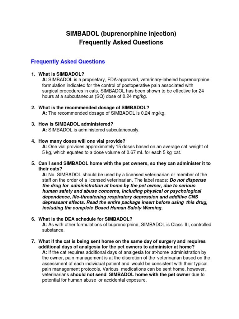 SIMBADOL (Buprenorphine Injection) Frequently Asked Questions | PDF ...