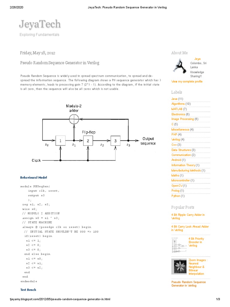 Pseudo Random Sequence Generator In Verilog Pdf Information Computer Engineering 3088
