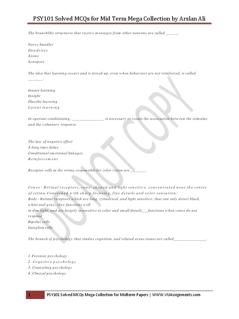 PSY101 Solved MCQs Mega Collection For Mid Term Papers by Arslan Ali | PDF | Psychology | Thought