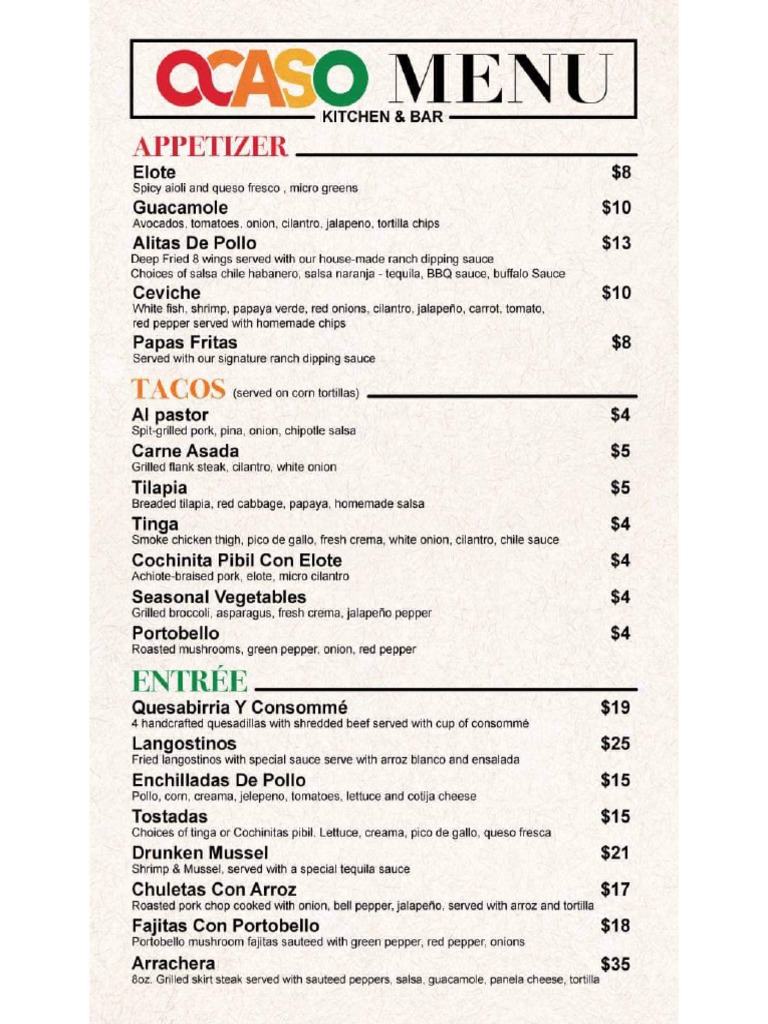 Ocaso Menu | PDF