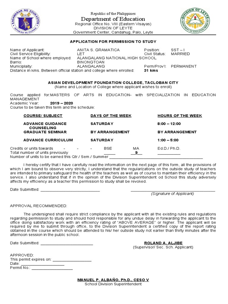 Application For Permission To Study | PDF | Teachers | College