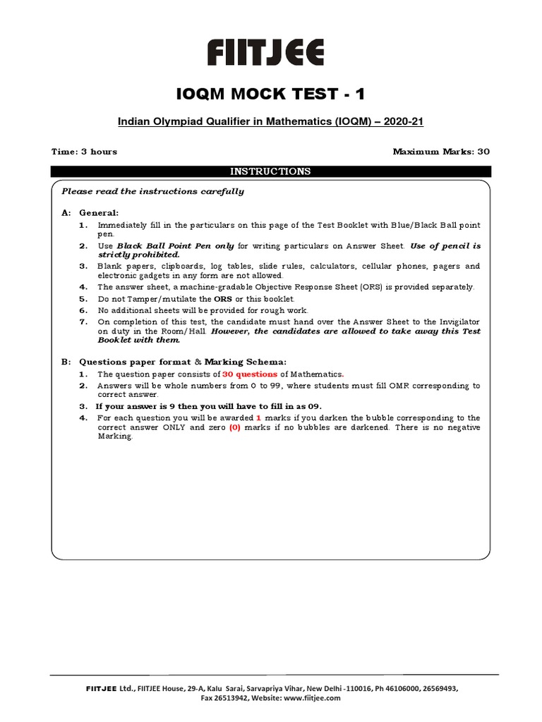 IOQM Mock Test-1 | PDF | Numbers | Triangle