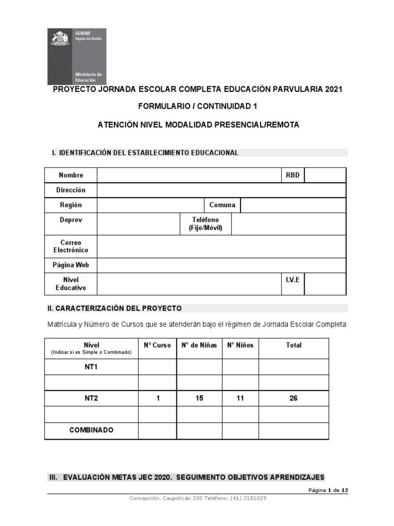 Formato Final JEC Parvularia (2020 | PDF | Evaluación | Educación de la primera infancia