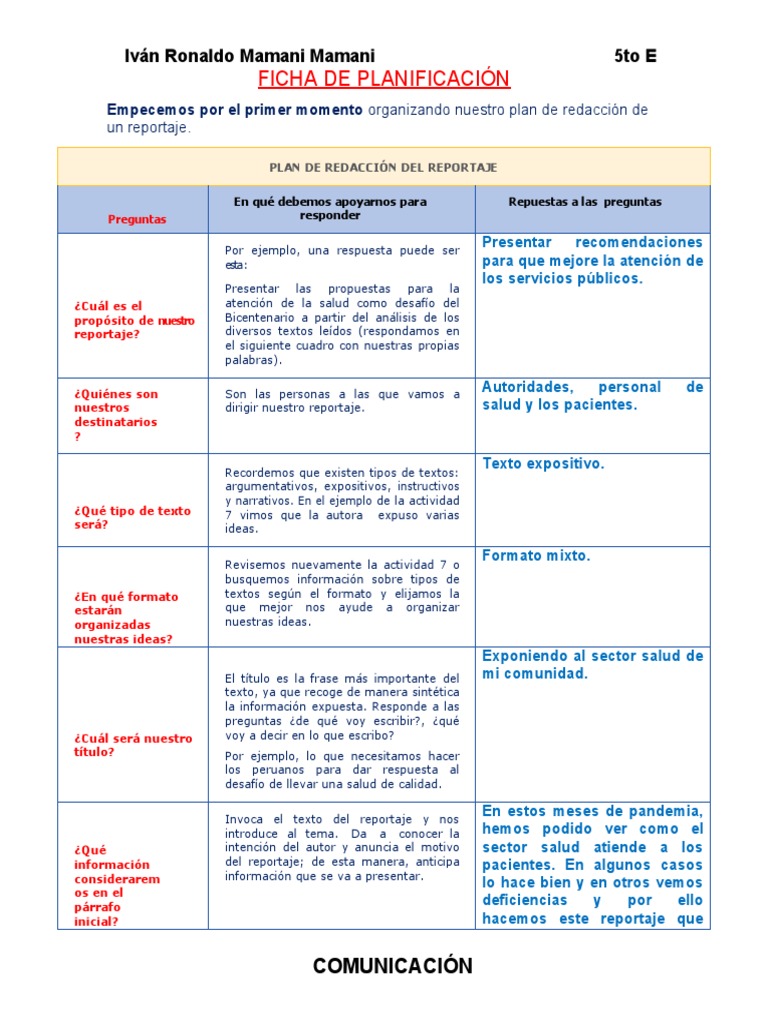 Ficha de Planificación Del Reportaje | PDF | Cognición