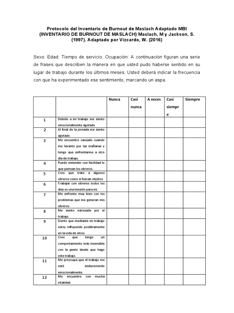 Protocolo Del Inventario de Burnout de Maslach Adaptado MBI (INVENTARIO ...