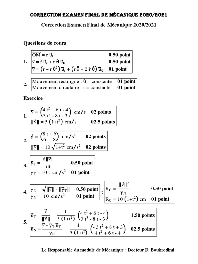 Correction Examen Final de Mécanique 2020 | PDF
