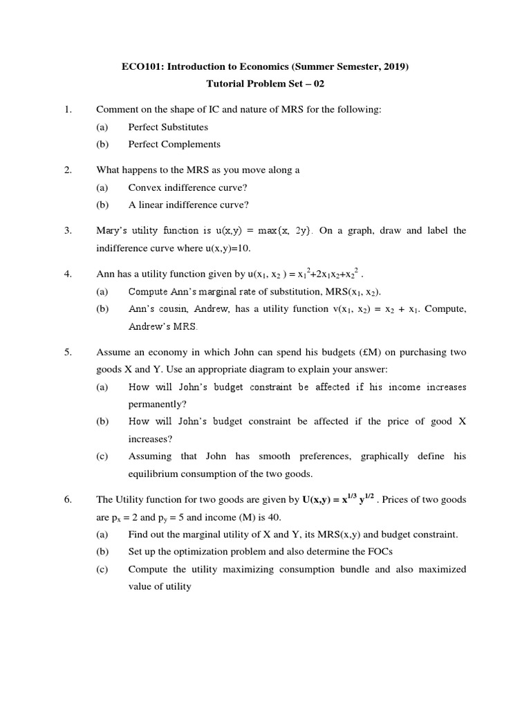 ECO101: Introduction To Economics (Summer Semester, 2019) Tutorial ...