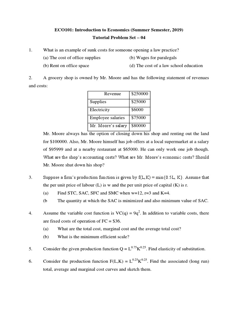 ECO101: Introduction To Economics (Summer Semester, 2019) Tutorial ...