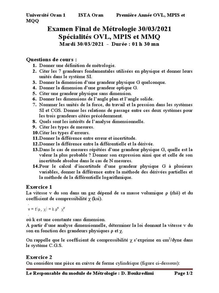 Examen de Métrologie - ISTA Oran 2021 | PDF | Densité | Métrologie