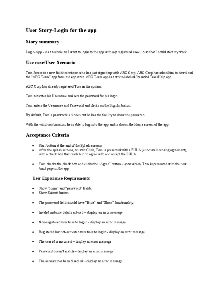 Sample User Story | PDF | User (Computing) | Login