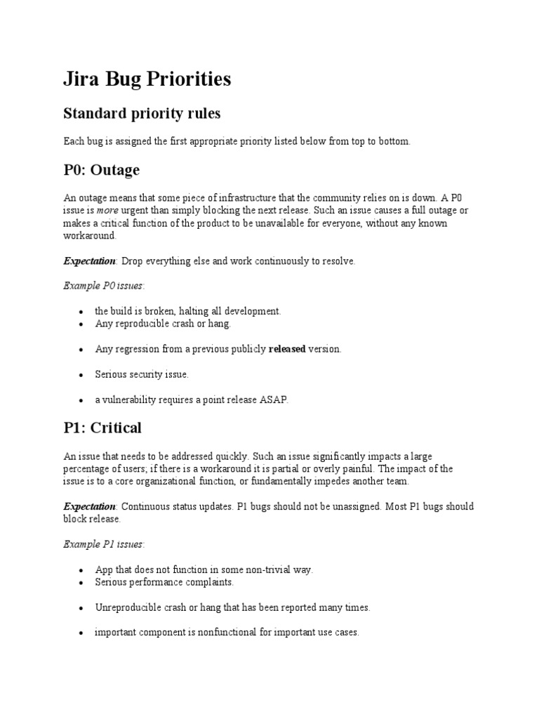 Jira Bug Priorities: Standard Priority Rules | PDF | Software Bug ...