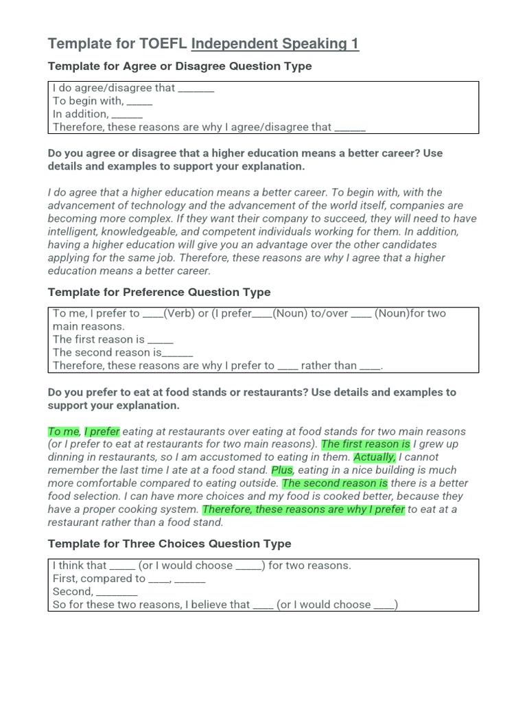 TOEFL Independent Speaking Templates | PDF | Foods | Reason