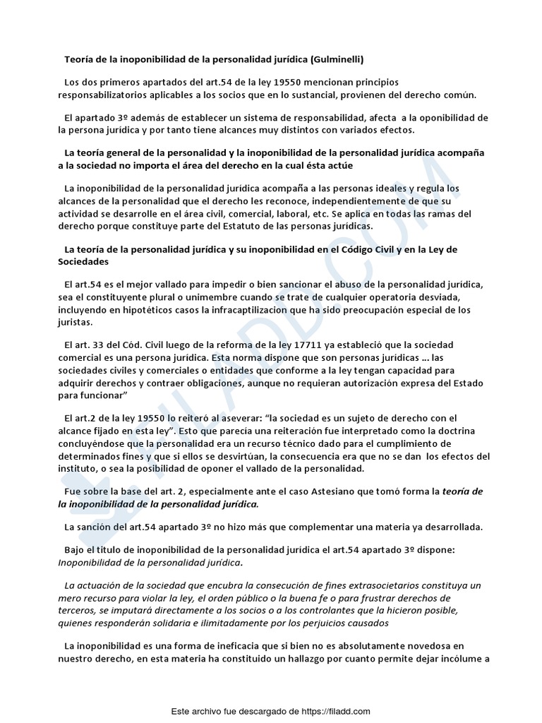 Teoria de La Inoponibilidad de La Personalidad Juridica 1 1 | Descargar ...