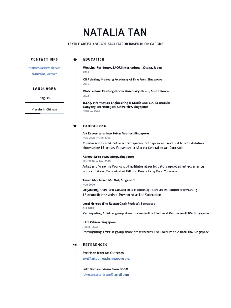 Natalia Tan One Page Art Resume Aug 2021 | PDF | Aesthetics | The Arts