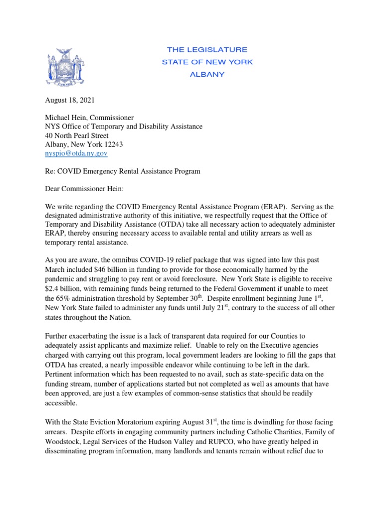 Letter To OTDA Commissioner Michael Hein - COVID Emergency Rental ...
