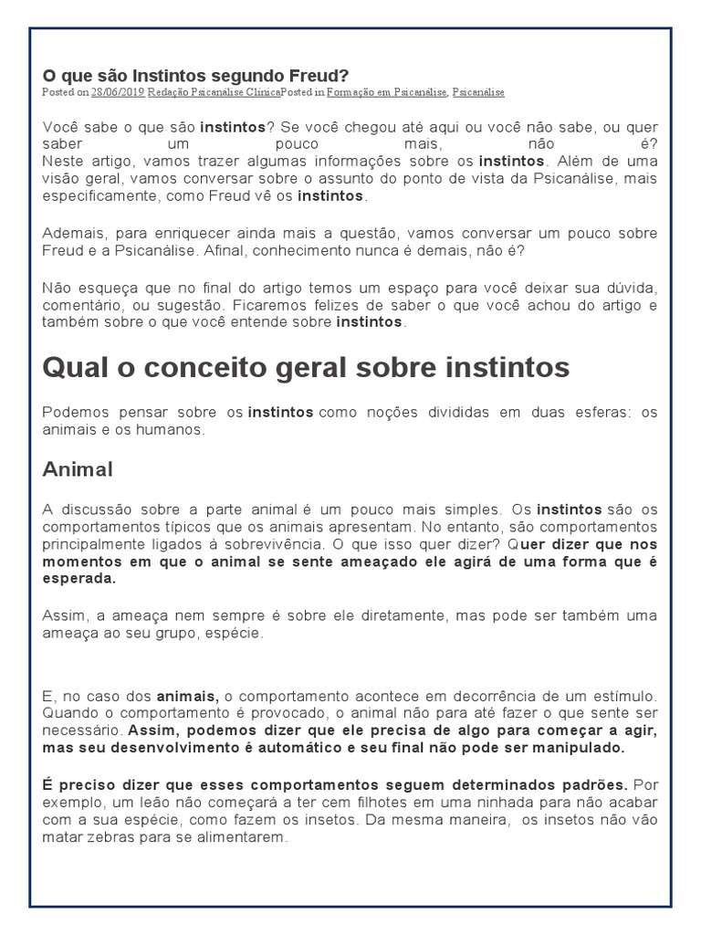 O Que São Instintos Segundo Freud | PDF | Sigmund Freud | Psicanálise