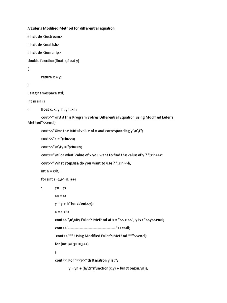 Euler Modified Method C++ | PDF