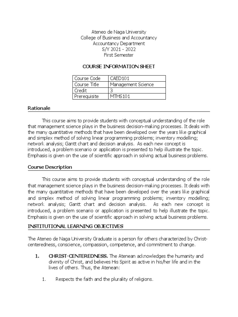 Management Science - Course Syllabus | PDF | Linear Programming ...