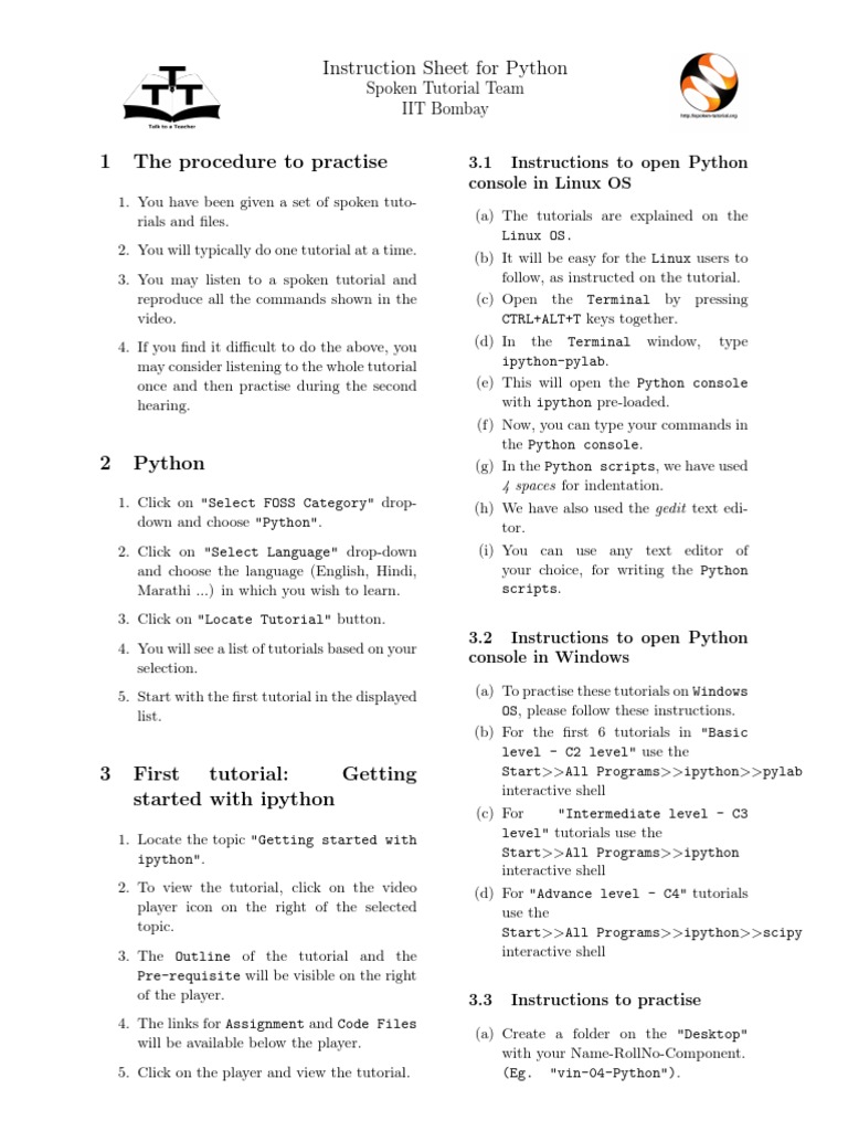 Instruction Sheet For Python: Spoken Tutorial Team IIT Bombay | PDF ...