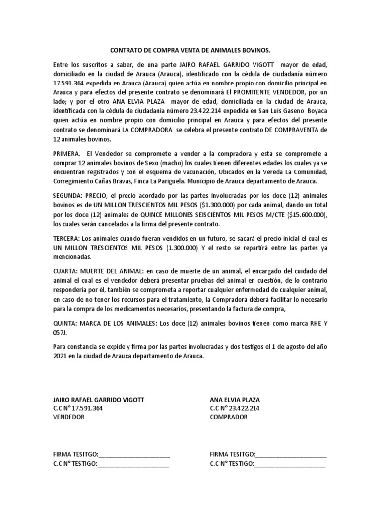 Contrato de Compra Venta de Animales Bovinos | PDF