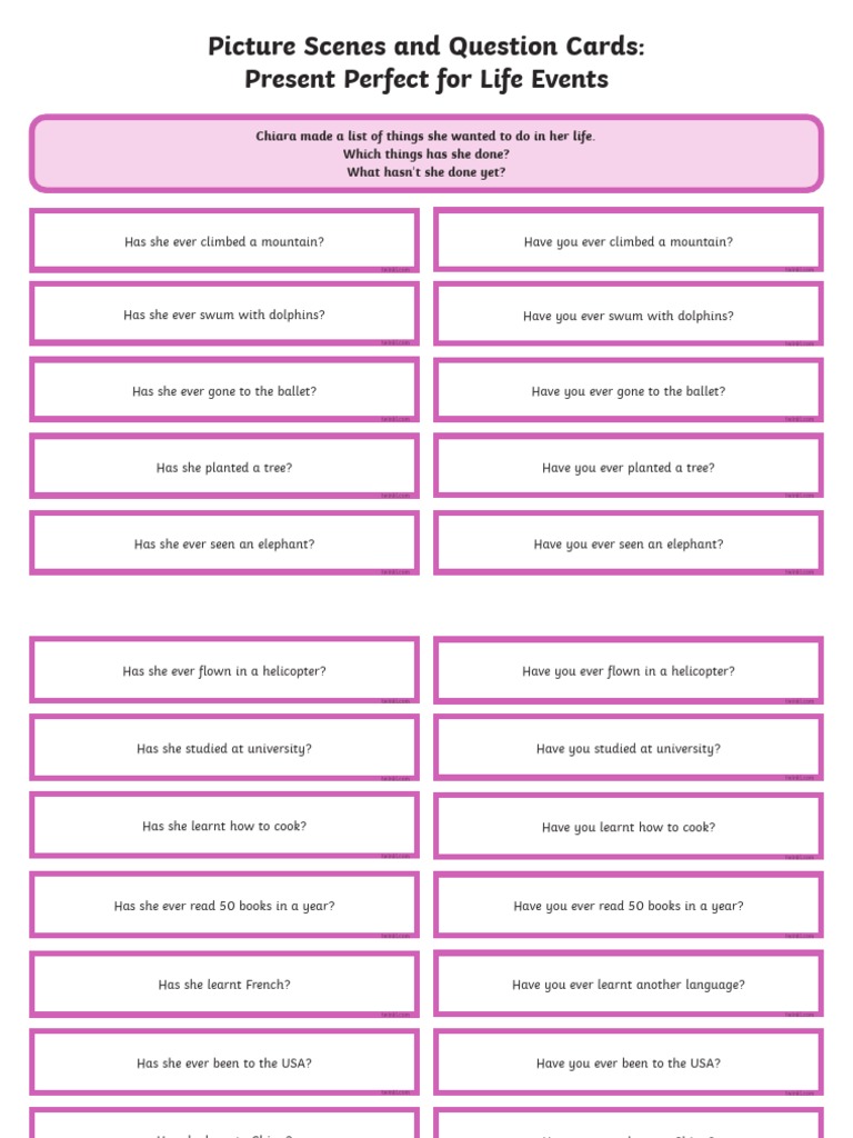 Picture Scenes and Question Cards:: Present Perfect For Life Events | PDF