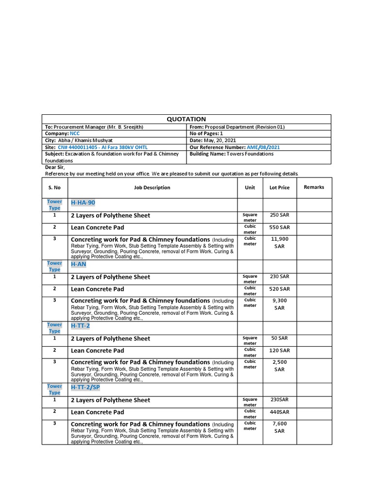 Quotation: NCC CN# 4400011405 - Al Fara 380kV OHTL AME/08/2021 | PDF ...
