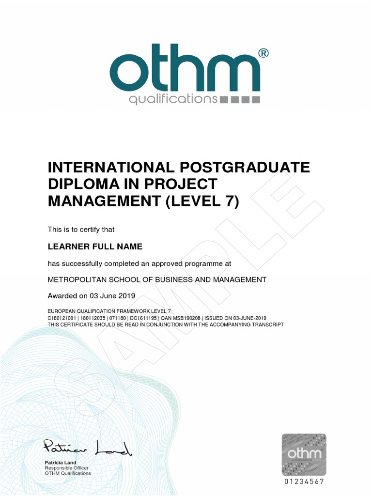 International PGD MSBM ELP PGD Level 7 Sample Certificate | PDF