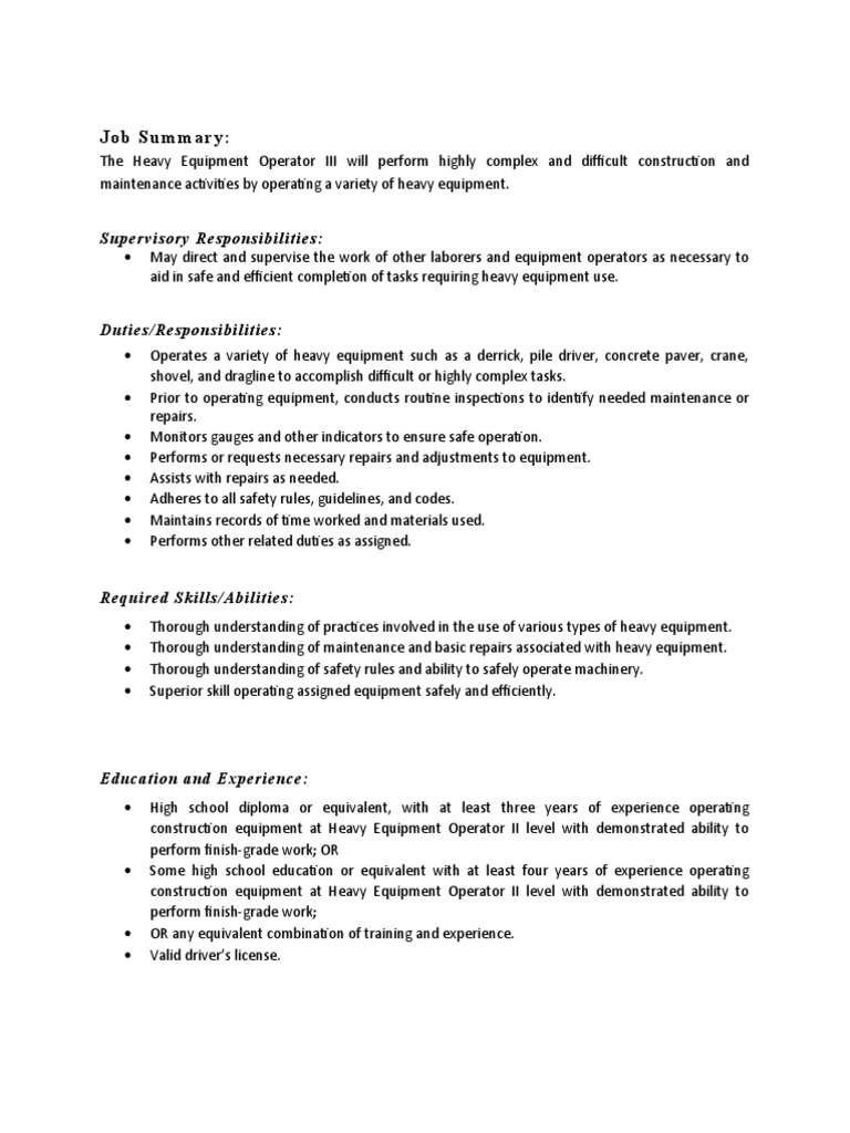 Heavy Equipment Operator III Job Description | PDF | Technology ...