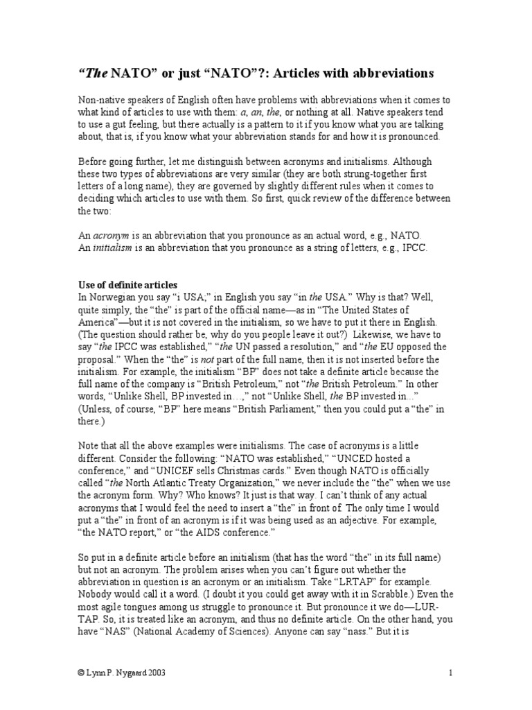 "The NATO" or Just "NATO"?: Articles With Abbreviations: Use of ...