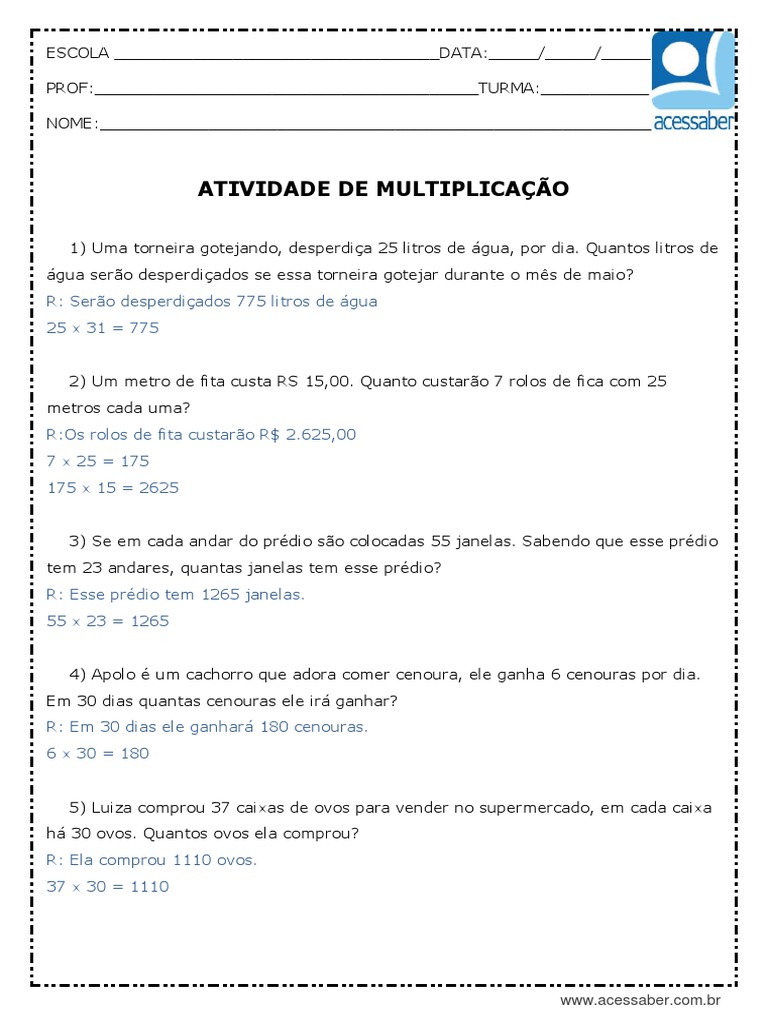 Atividade de Matematica Multiplicacao 5 Ano Respostas | PDF