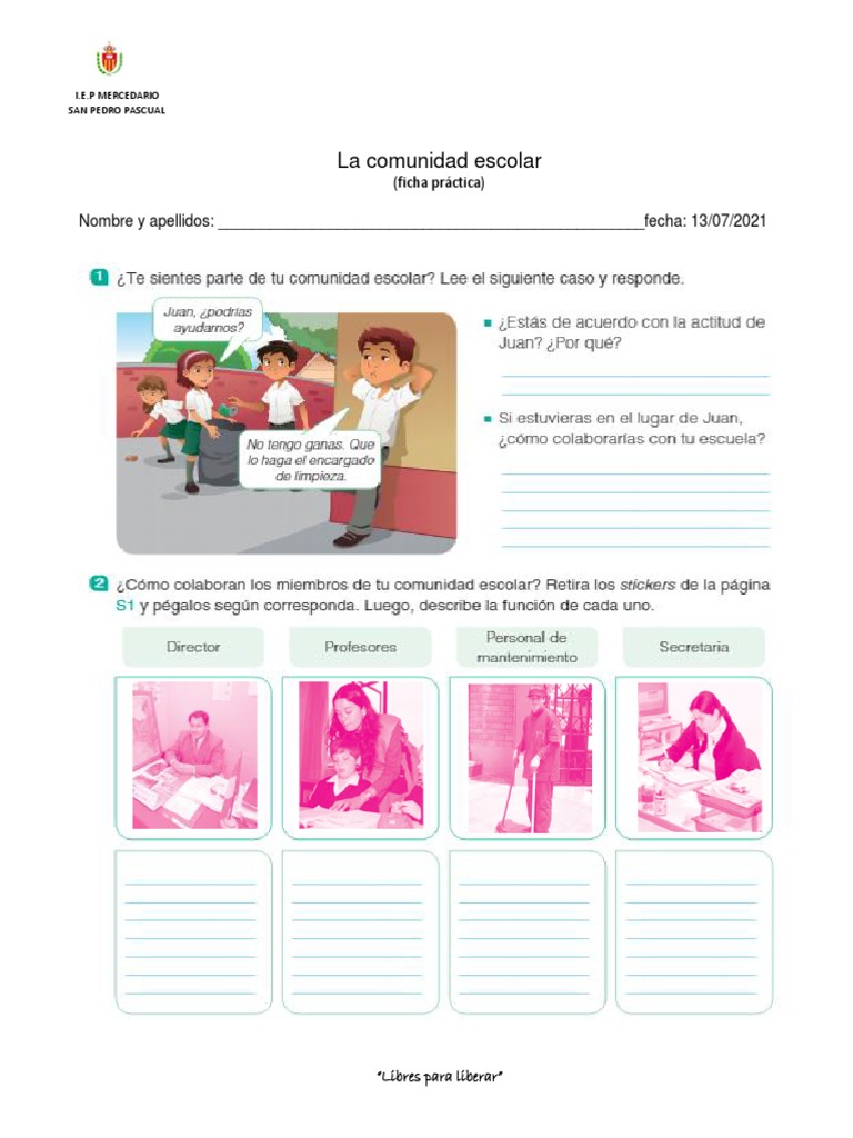 La Comunidad Escolar (Ficha de Trabajo) | PDF