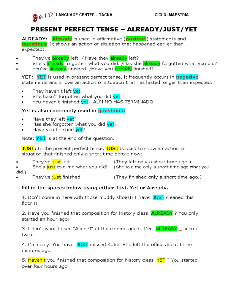 Present Perfect Tense - Already/Just/Yet | PDF | Languages | Foreign ...