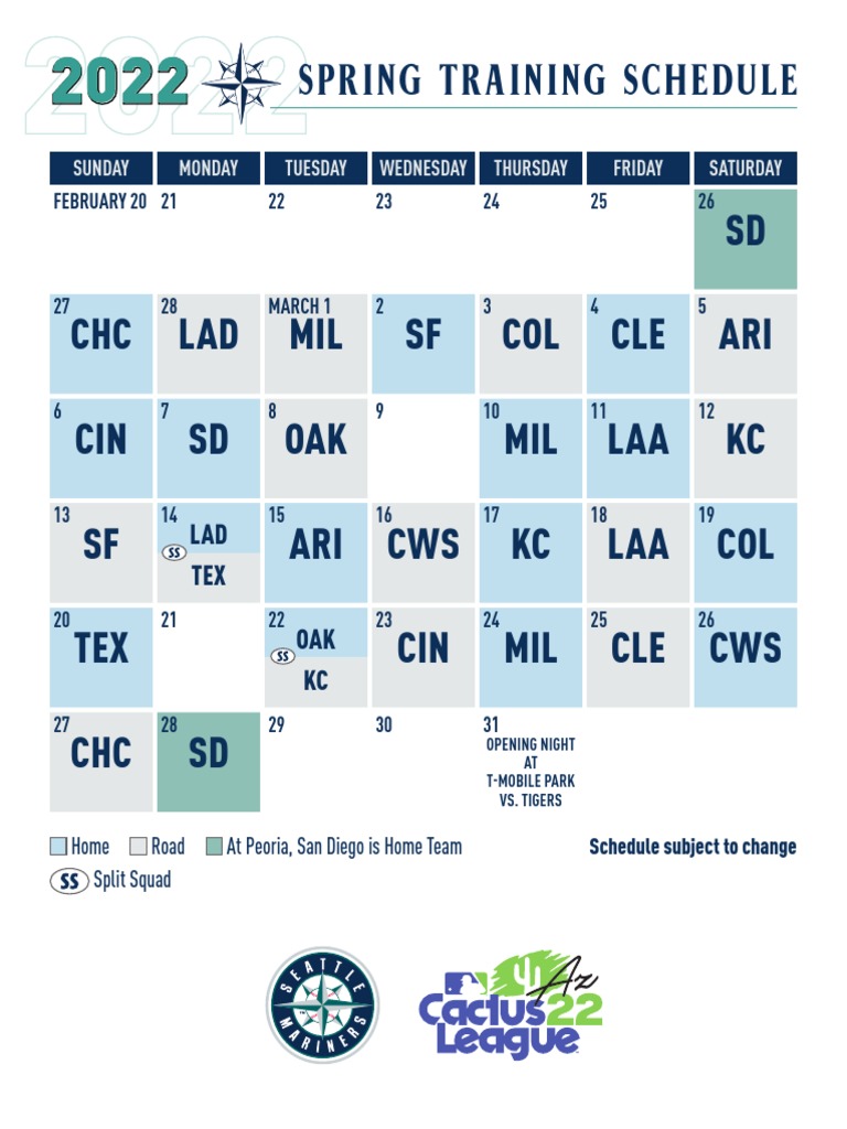 Mariners 2022 Spring Training Schedule | PDF