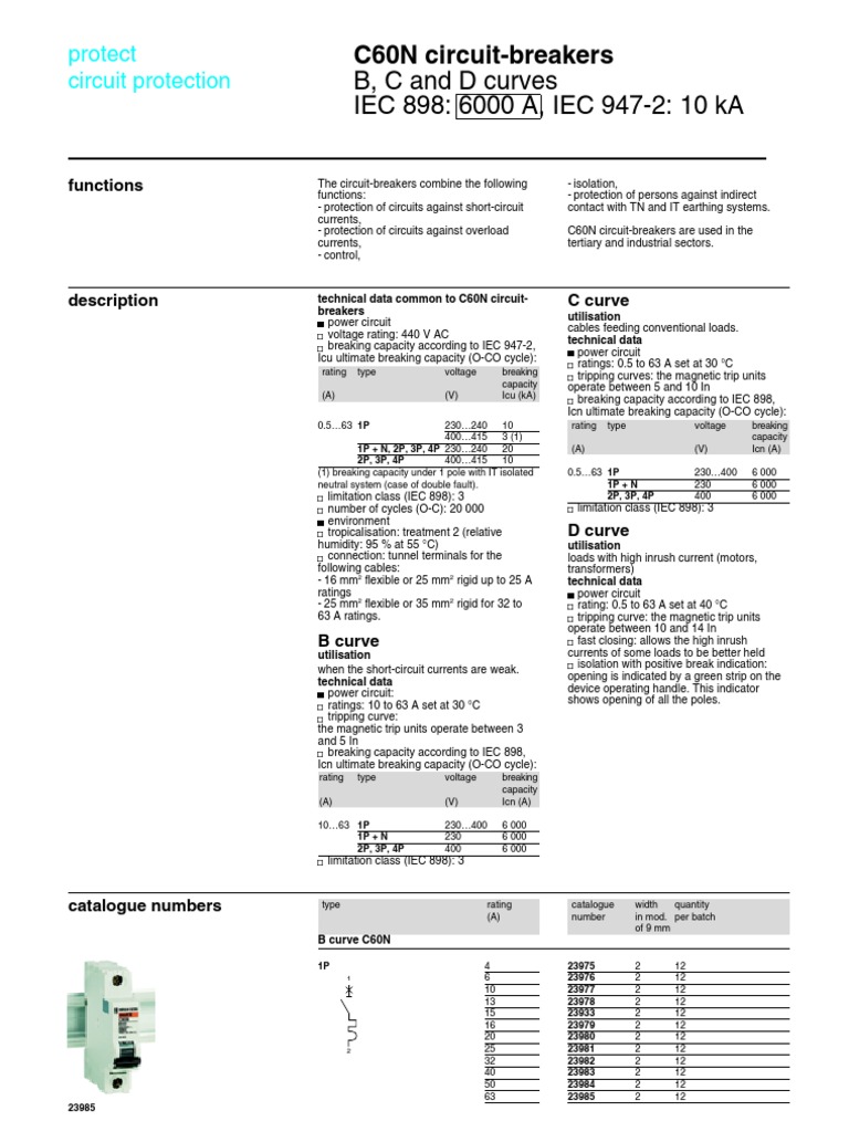 C60N Circuit-Breakers B, C AND D Curves | PDF | Electric Power | Equipment