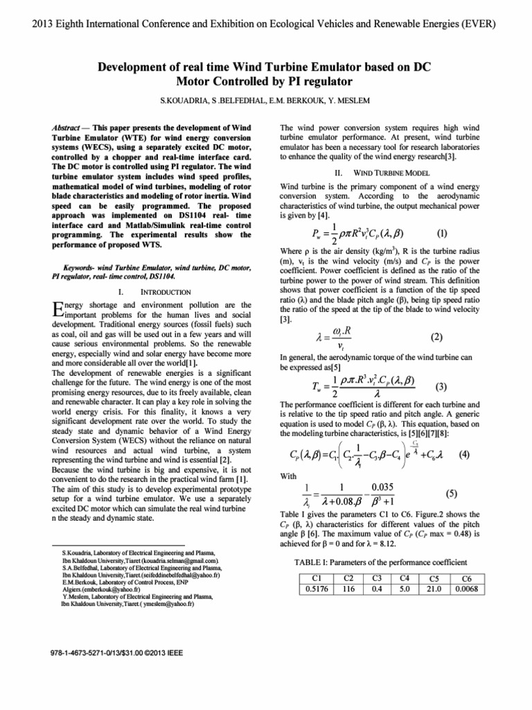 Development of Real Time Wind Turbine Emulator Based On DC Motor Controlled by PI Regulator ...