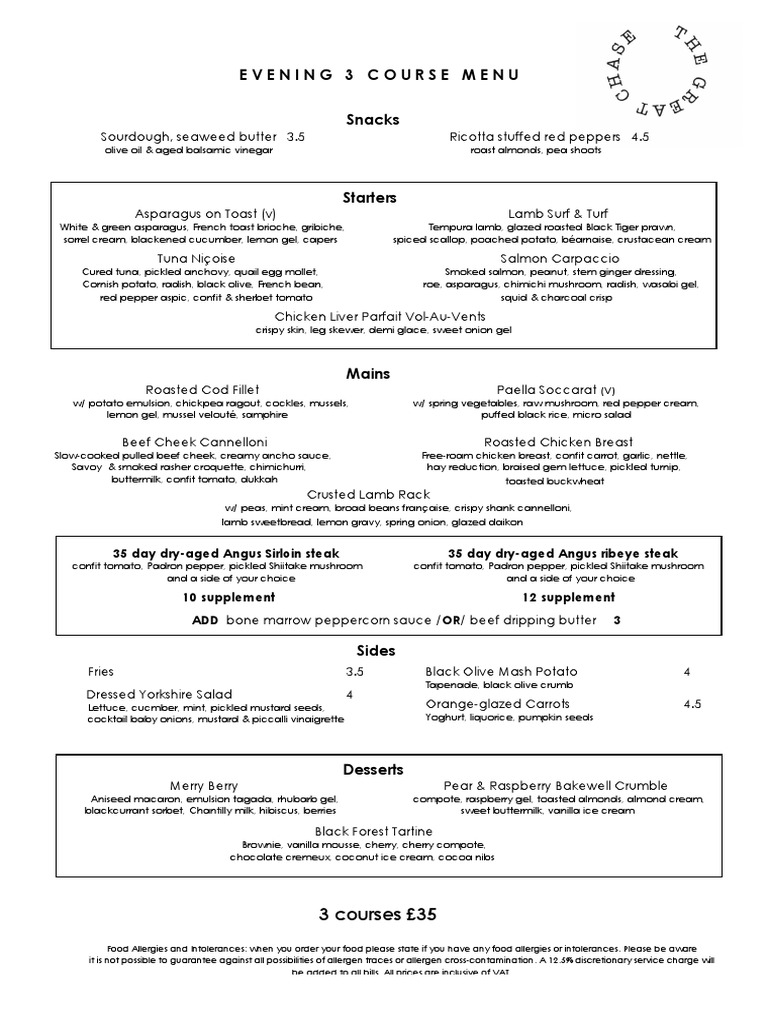 Evening 3 Course Menu Snacks: 3 Courses 35 | PDF | Pickling | Food And Drink