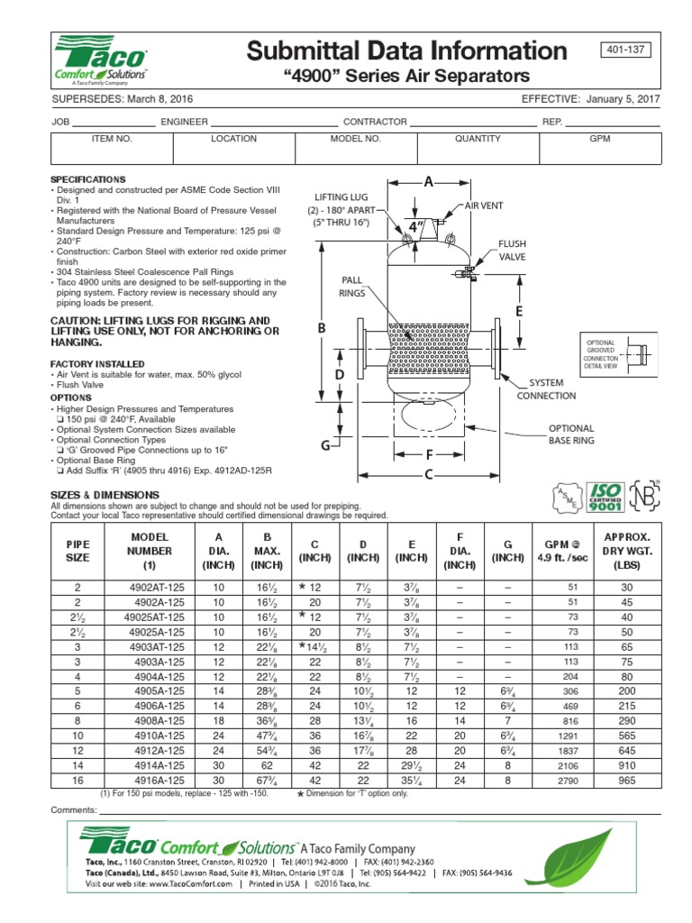 Taco 4900 Series Air Separator Specs | PDF | Mechanical Engineering ...