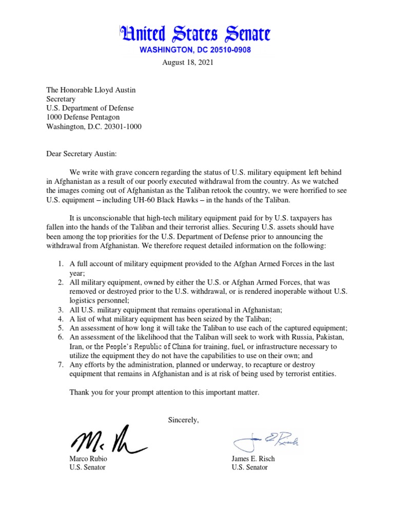 GOP Letter To Austin | PDF | The United States | Taliban