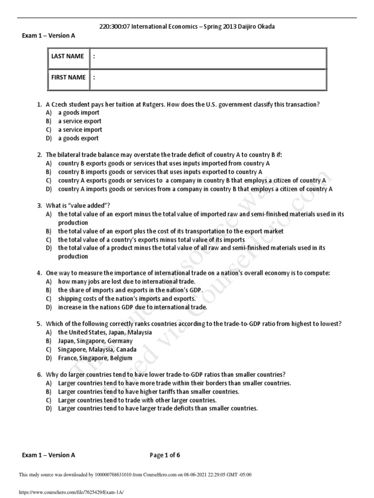 International Economics Exam 2 | PDF | Labour Economics | Balance Of Trade