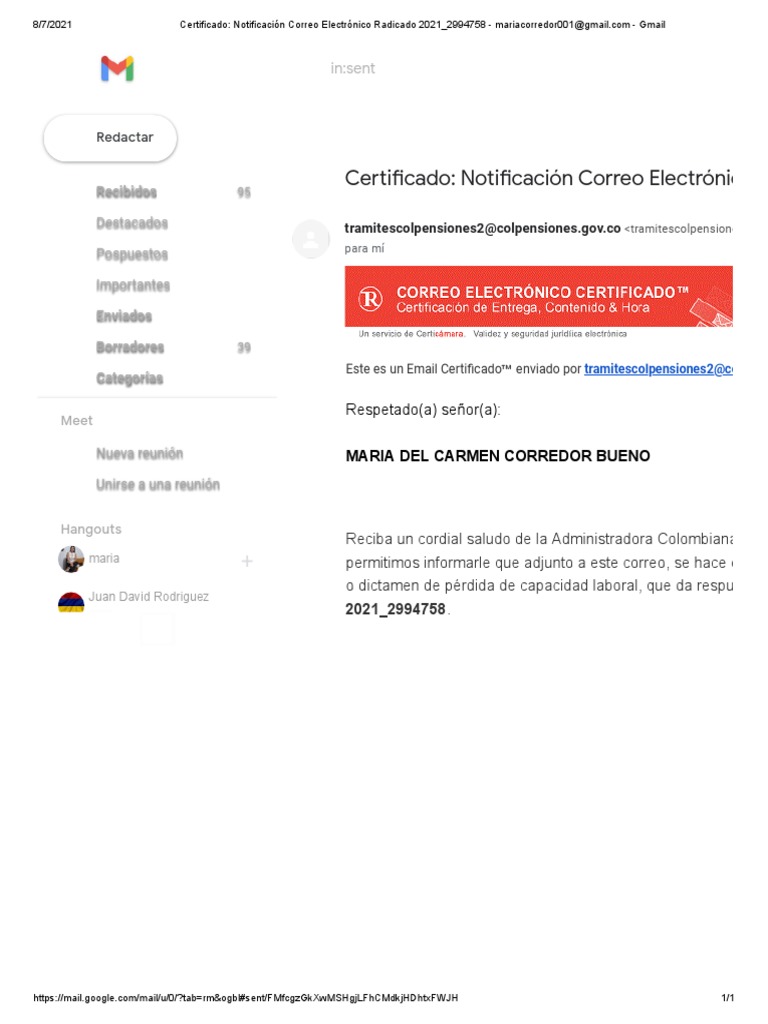 Certificado - Notificación Correo Electrónico Radicado 2021 - 2994758 ...