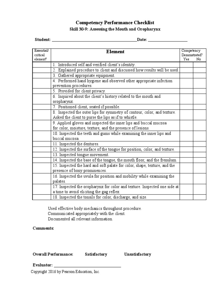 Competency Performance Checklist: Skill 30-9: Assessing The Mouth and ...