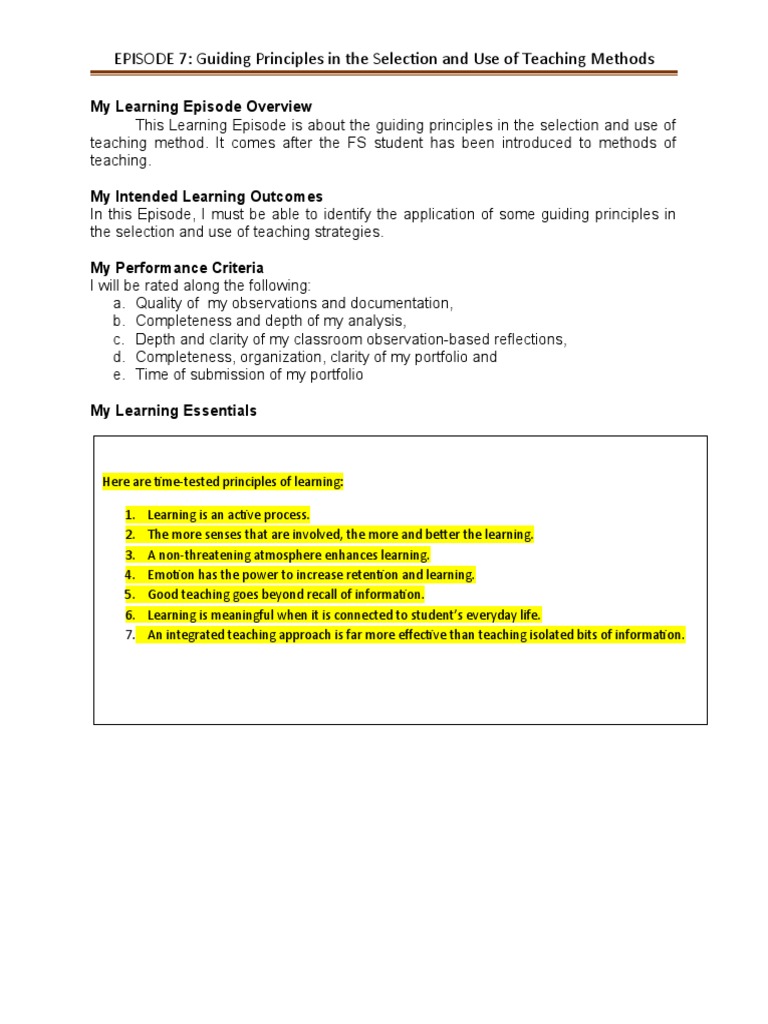 Episode 7 FS 2 Guiding Principles in The Selection and Use of Teaching Methods | PDF | Teaching ...