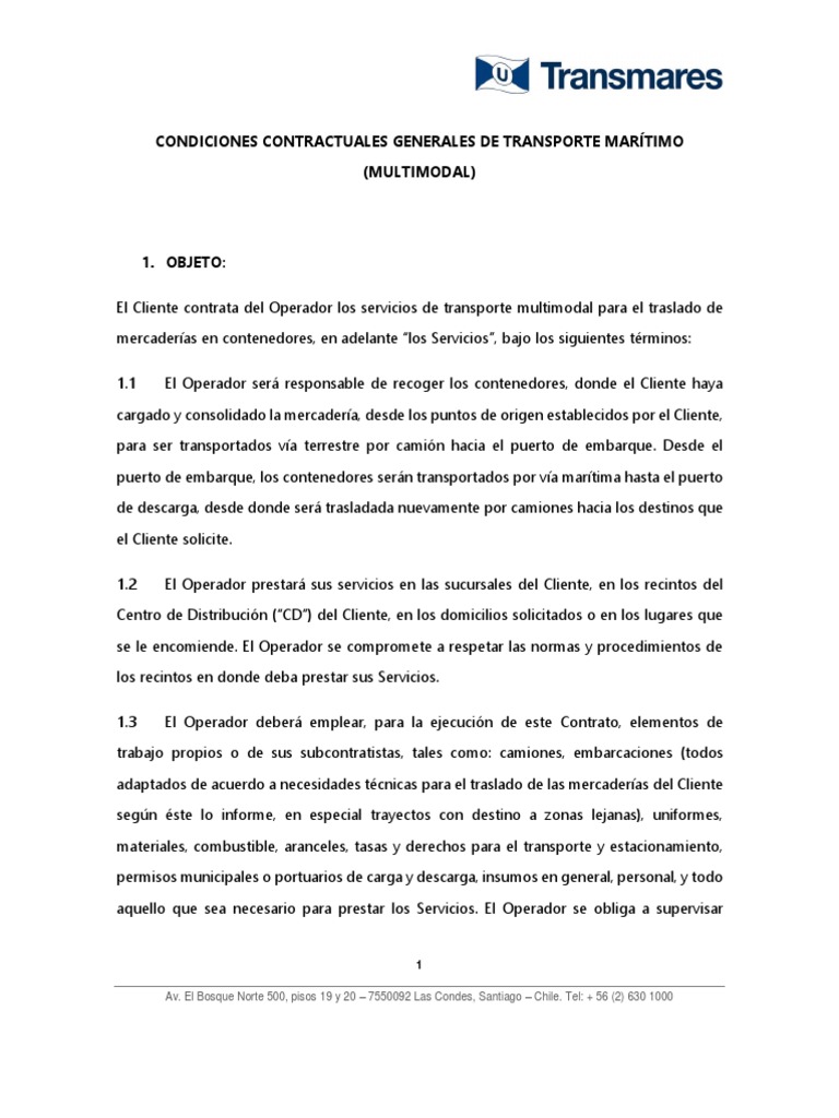 Condiciones Generales de Transporte Transmares Contrato de Transporte ...
