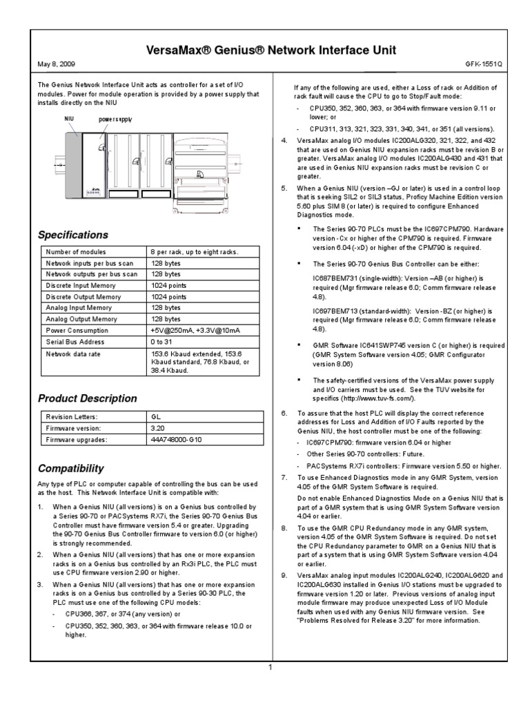 Versamax® Genius® Network Interface Unit: Specifications | PDF ...
