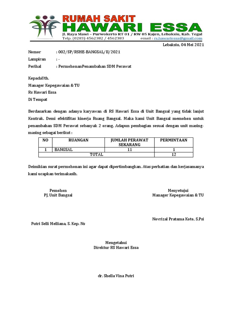 Permohonan Penambahan Perawat RS Hawari | PDF