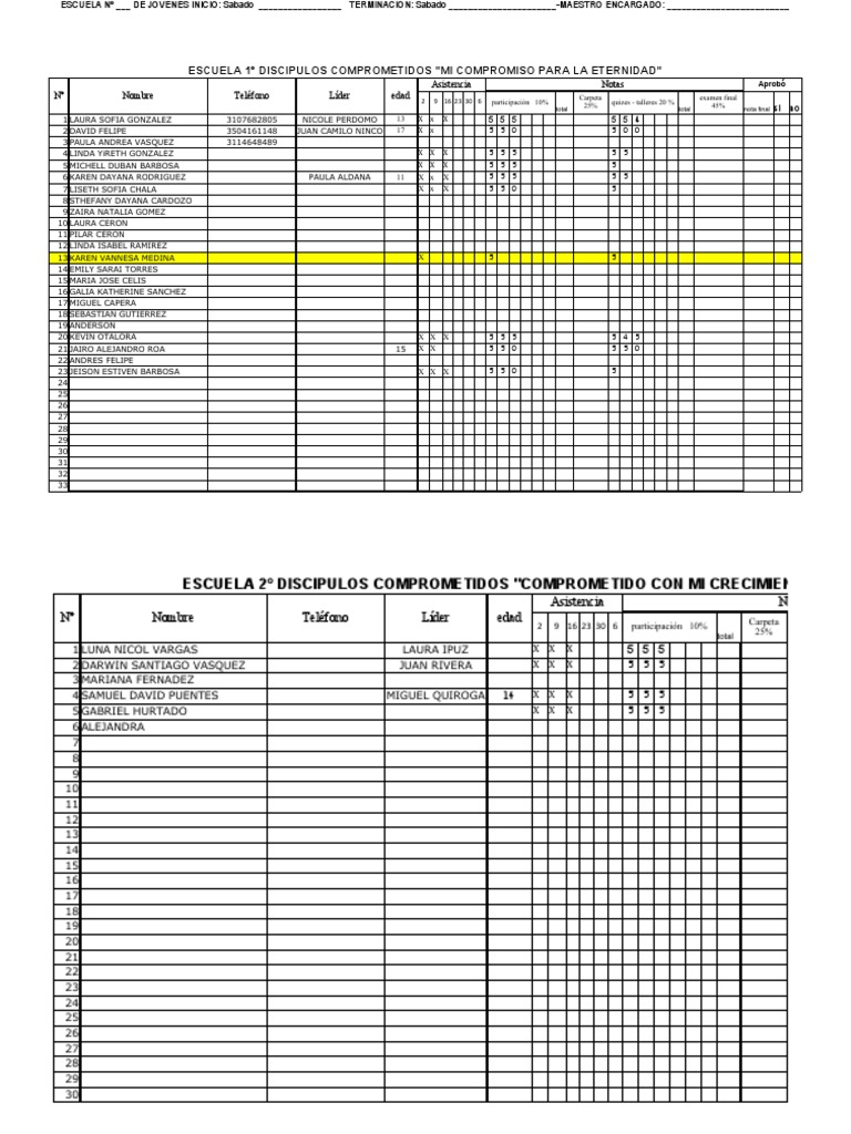 Planilla de Notas Escuela 1 y 2 | PDF