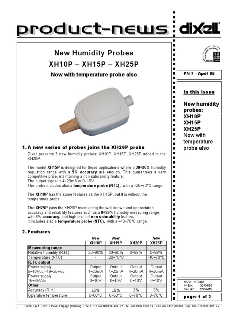 XH10 - XH25 Sonda Temperatura Umiditate Dixell | PDF | Relative ...
