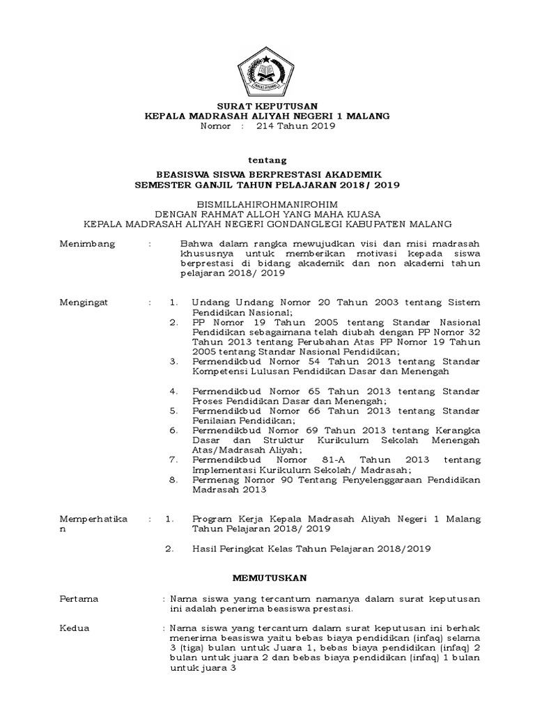 SK Prestasi Juara Kelas 2019 | PDF