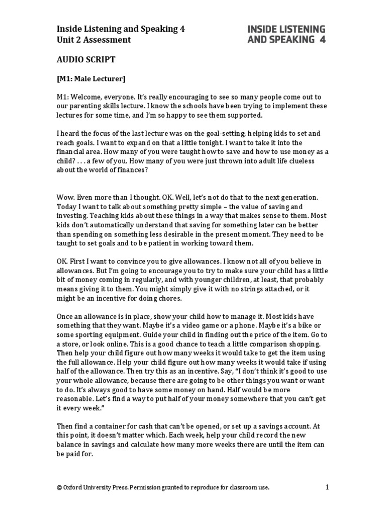 Inside Listening and Speaking 4 Unit 2 Assessment Audio Script | PDF ...